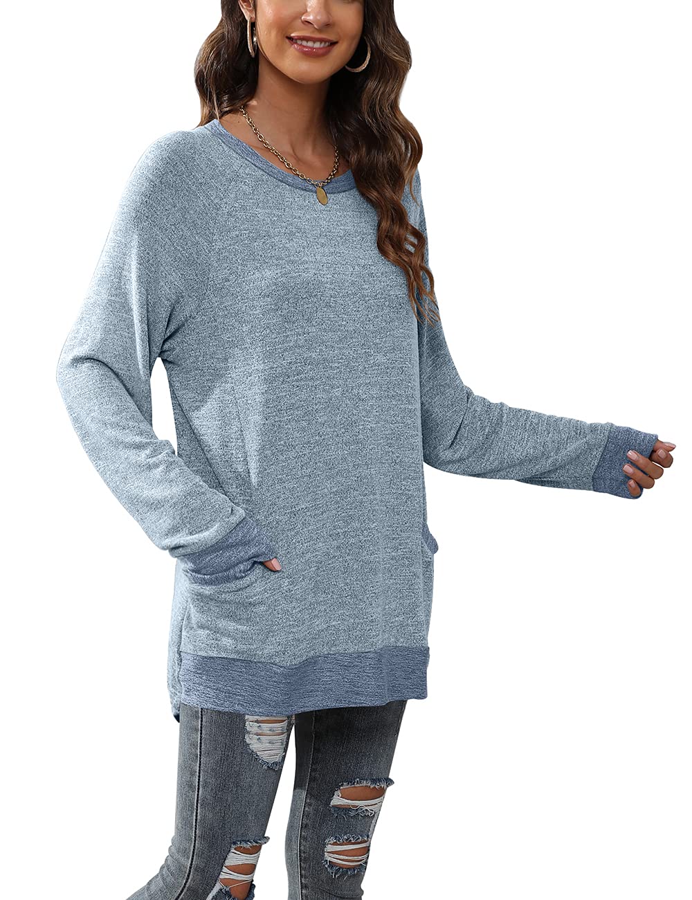 Geifa Womens Sweatshirts Long Sleeve Tee Shirts Loose Casual Sweaters Grey White L Womens Fall Fashion 2023