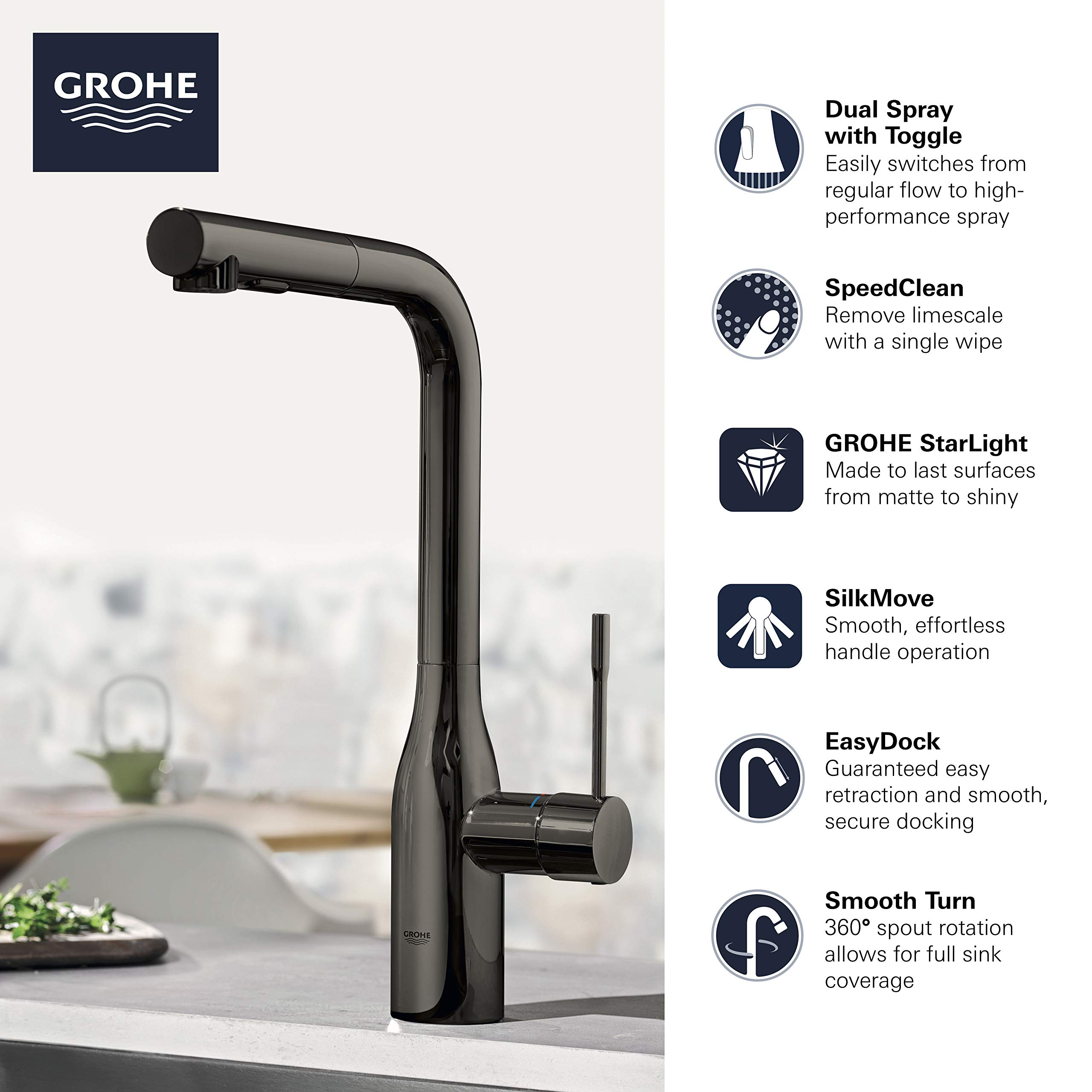 GROHE 30271A00 Essence Dual Spray Pull-Out Kitchen Faucet Hard Graphite (Polished Black)
