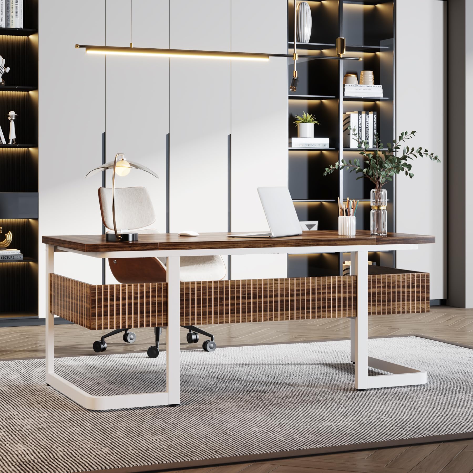 Tribesigns 63" Executive Desk with Bottom Shelves, Large Office Computer Desk, Modern Simple Workstation Business Furniture for Home Office (Walnut & White)