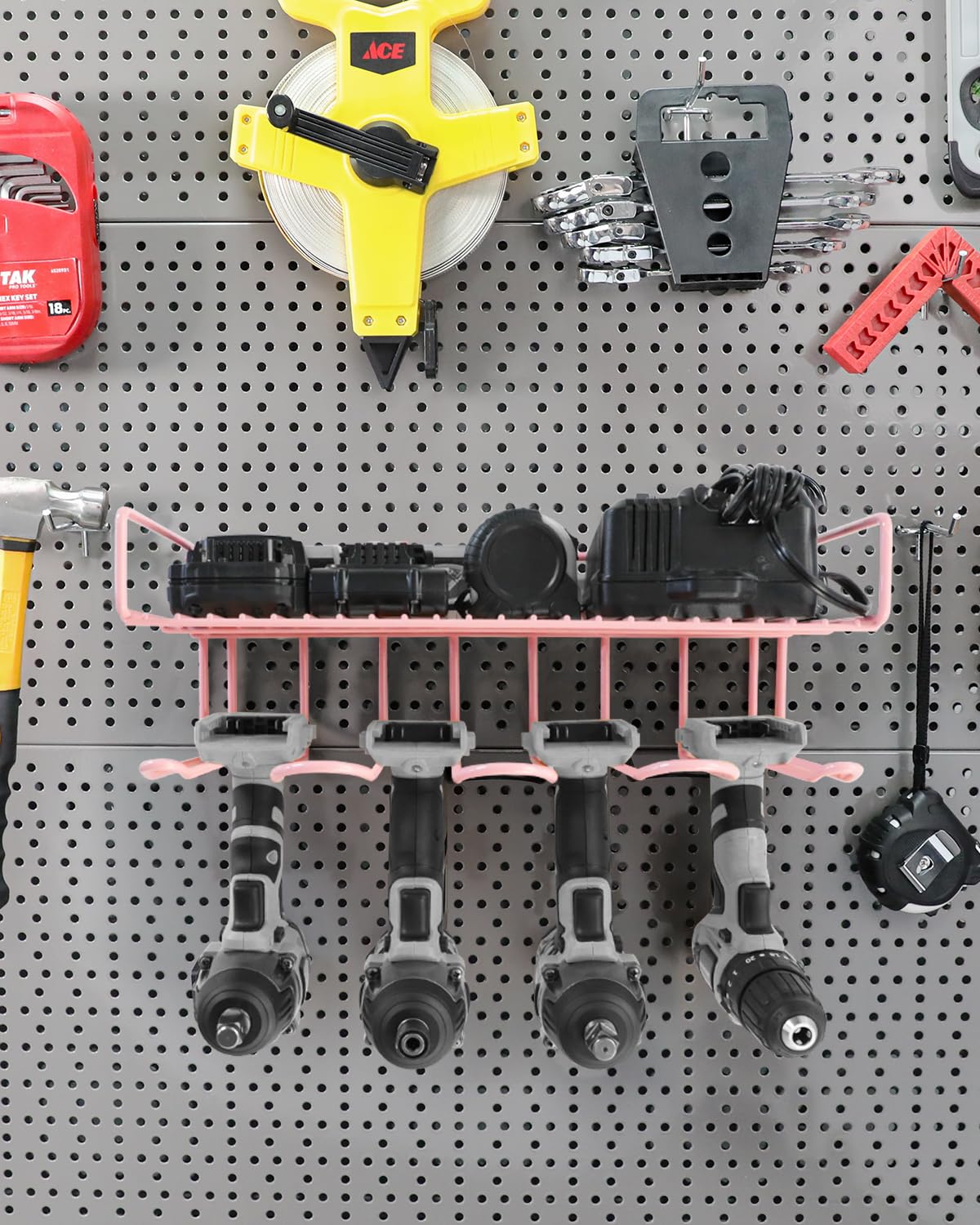 WellMall Pink Power Tool Organizer - Wall Mount Style for Power Tool Drill Storage as Heavy Duty Tool Shelf & Tool Rack with Compact Design