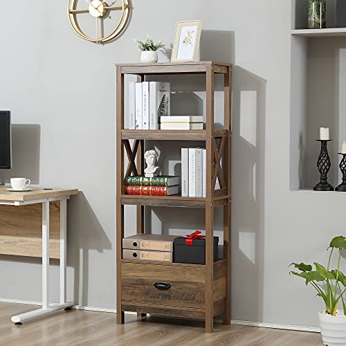 HOMCOM Farmhouse Chic 3-Tier Shelf Bookcase Display Rack with Drawer for Living Room, Bedroom, Office, Natural Wood
