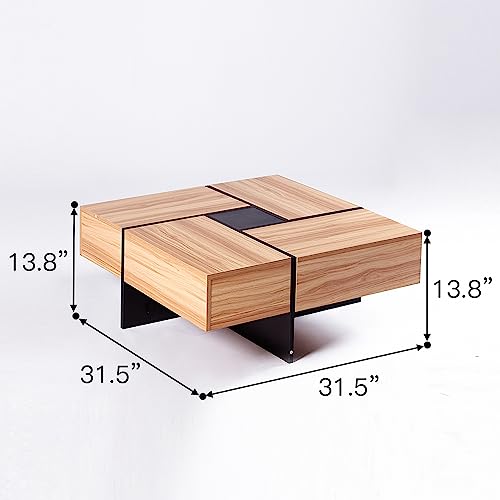 Furnnylane Modern Coffee Table with 4 Drawers,Square Coffee Table with Storage for Living Room,Oak,31.5" D x 31.5" W x 13.8" H