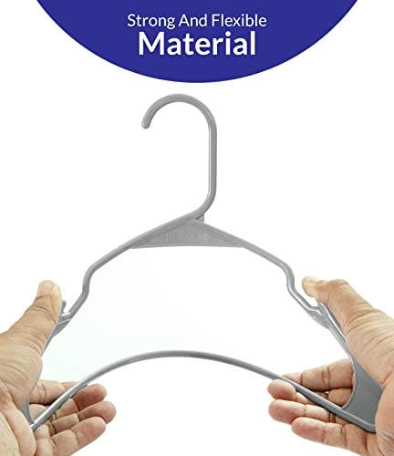 ROYALE 60 Pack Grey Plastic Hangers for Clothes - Heavy Duty Plastic Clothes Hanger Ideal for Everyday Standard Use - Lightweight & Space Saving Notched Plastic Hangers - Slim & Sleek Shoulder Groove