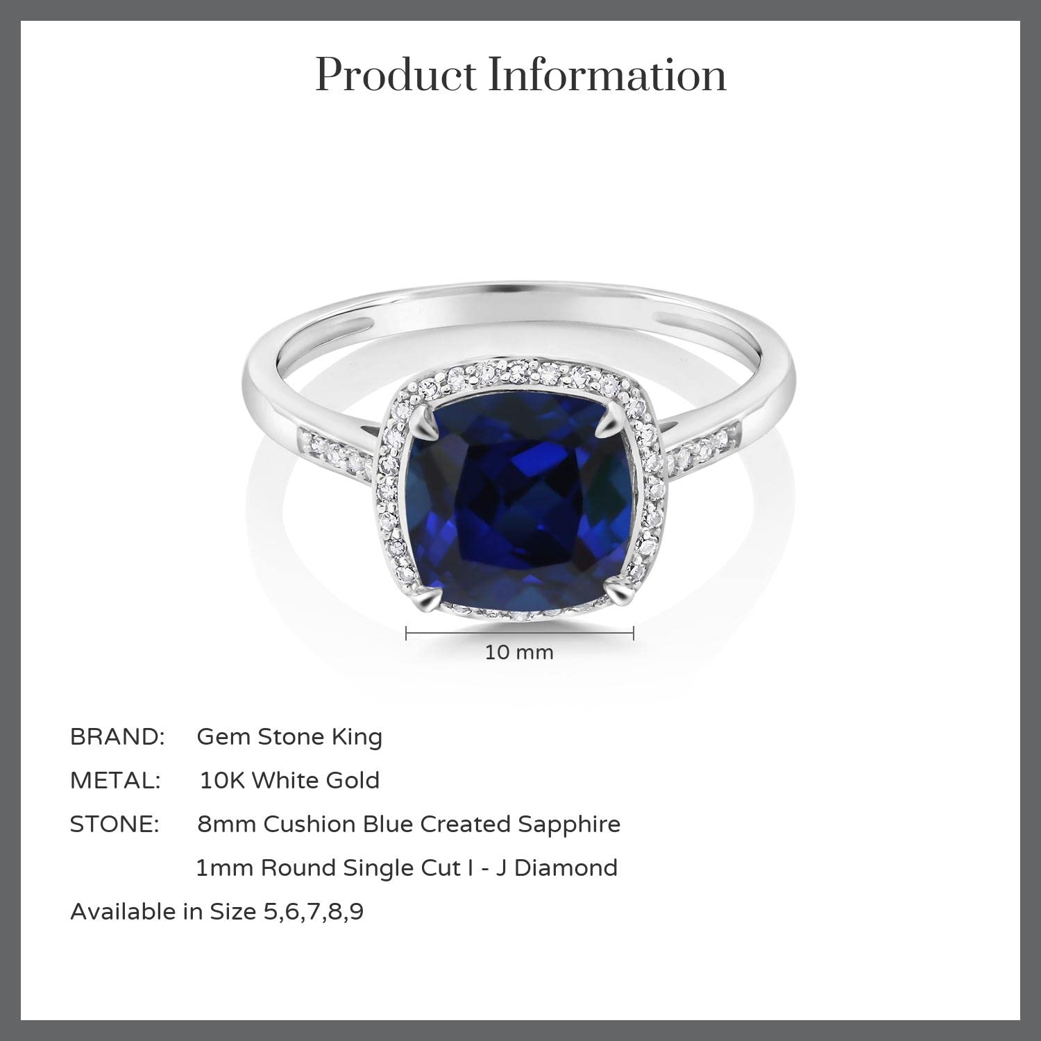 Gem Stone King 10K White Gold Blue Created Sapphire and Accent Diamond Engagement Ring For Women (2.50 Cttw, Cushion 8MM, Available In Size 5, 6, 7, 8, 9)
