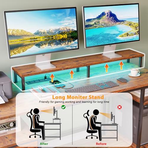 Furologee 61" Computer Desk with Power Outlet and USB Ports, Large Desk with Shelves and Drawer, Writing Study Desk with Fabric File Cabinet and Long Monitor Stand, Gaming Desk for Home Office