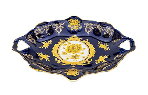 Royalty Porcelain Fine Porcelain Cobalt Blue Serving Tray with Gold Floral Ornament and Handles
