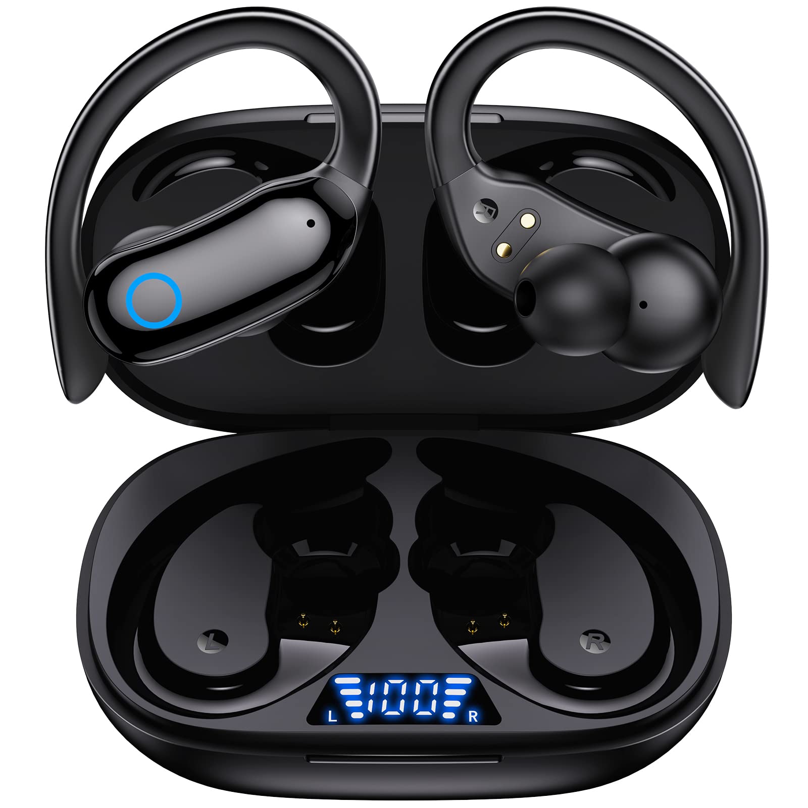GNMN Bluetooth Headphones Wireless Earbuds Over-Ear Stereo Bass Earphones with Earhooks Battery Display for Sports/Workout