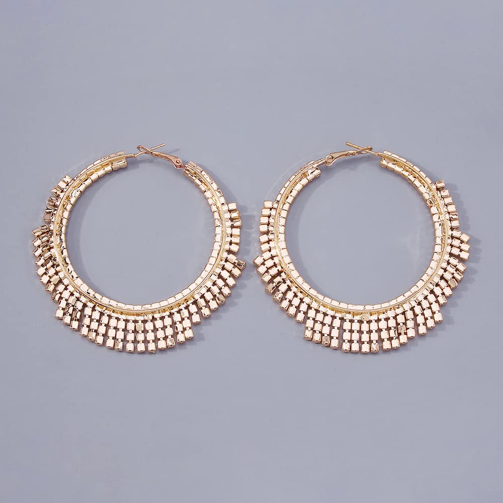 Jumwrit Large Rhinestone Hoop Earrings Big Round Circle Earrings Tassel Chain Dangle Earrings Statement Earrings for Women Girls(Gold)