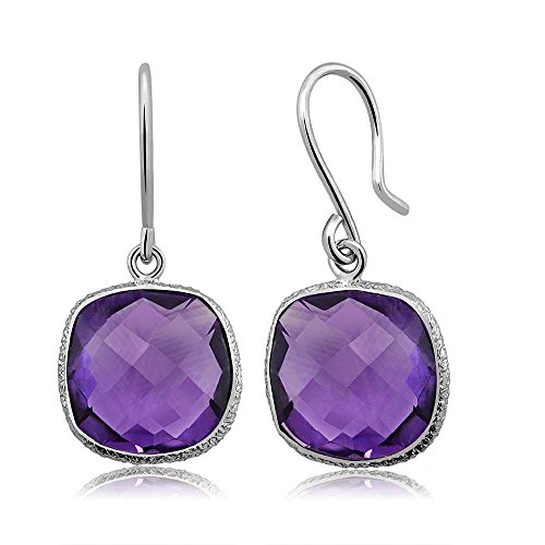 Gem Stone King 925 Sterling Silver Purple Amethyst Dangle Earrings For Women (12.00 Cttw, Gemstone Birthstone, Cushion Checkerboard Cut 12MM)