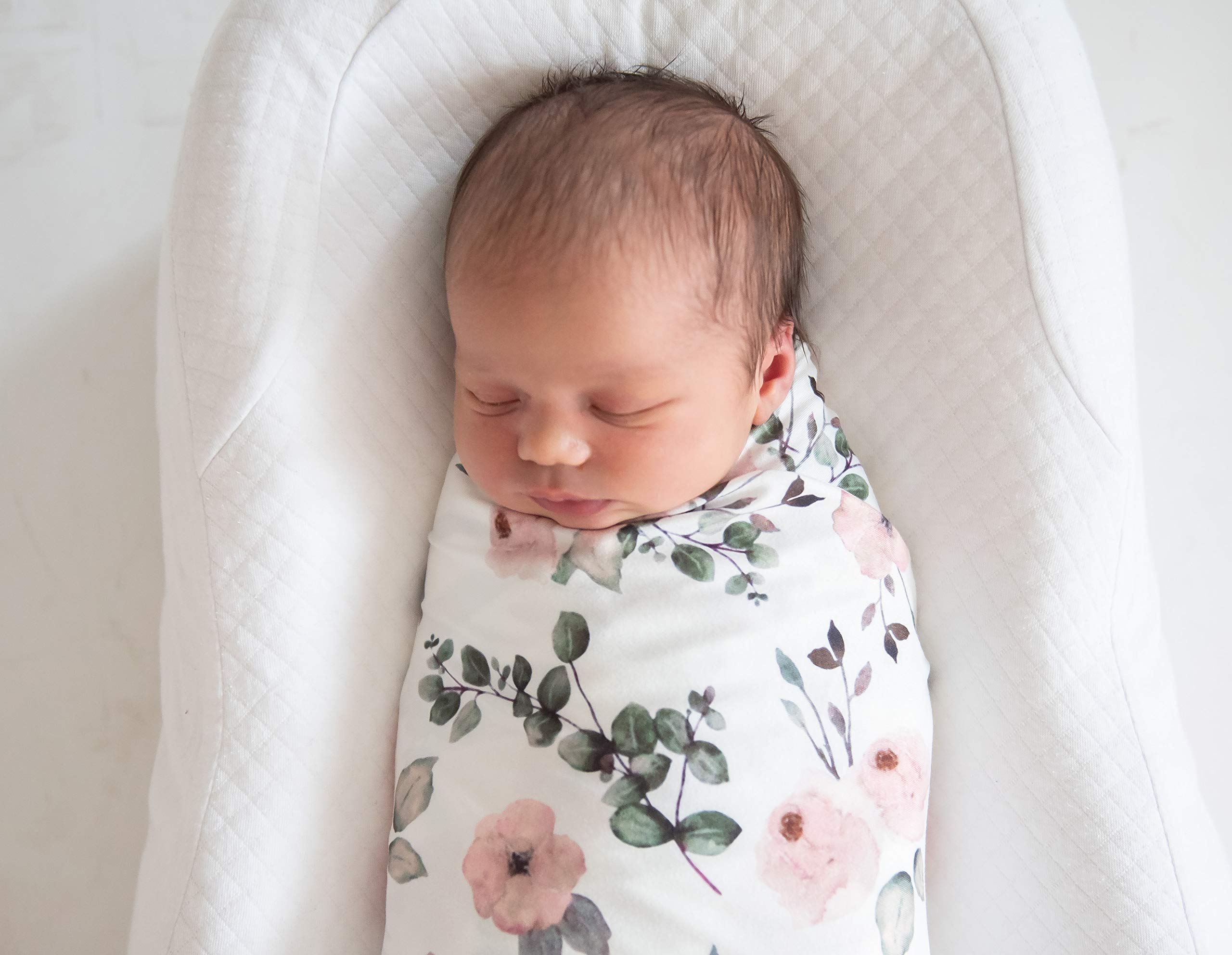 Giggle Angel Baby Receiving Blanket Swaddle Blanket Infant Wrap Pink Floral Pattern with Matching Bowtie (White)