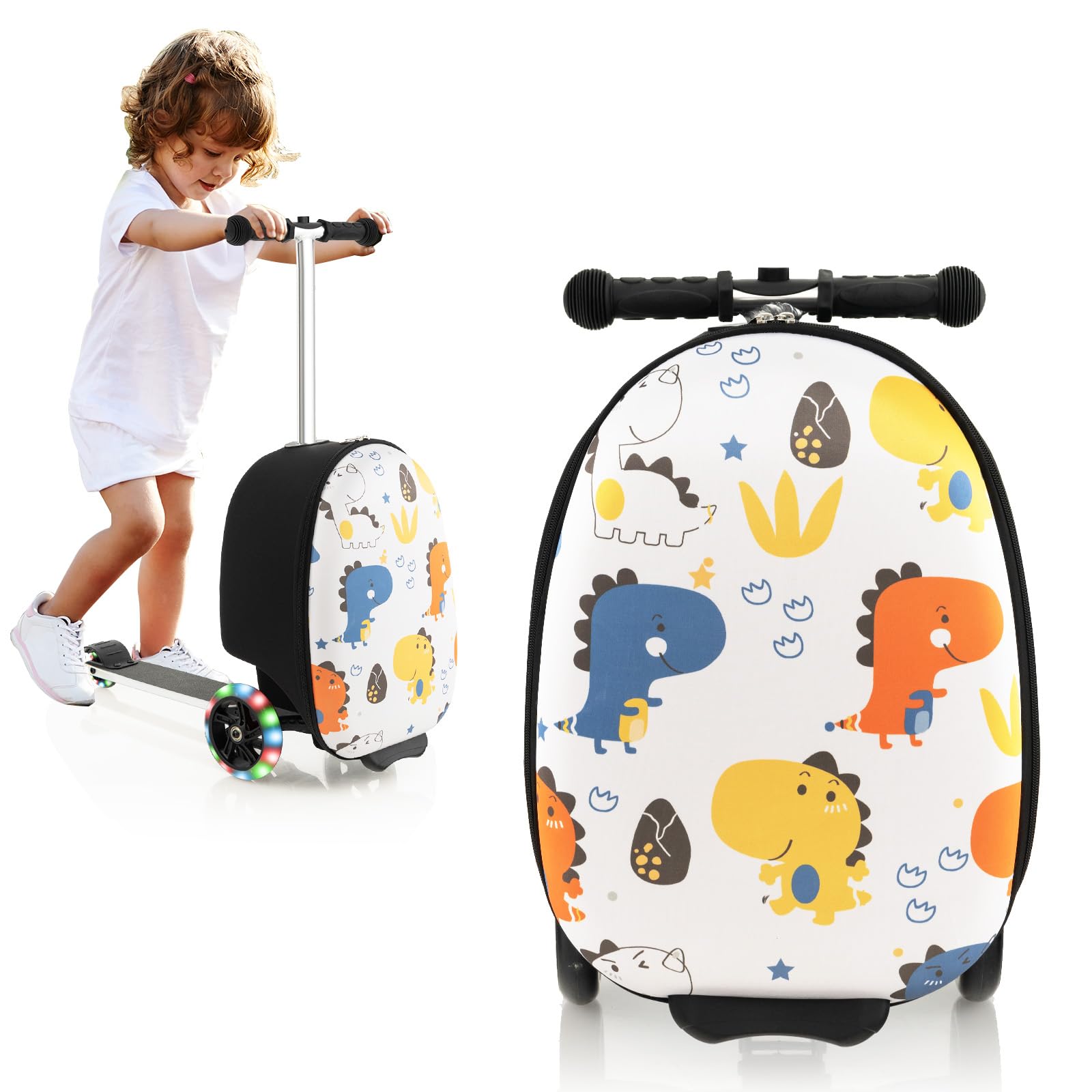 Goplus 2-in-1 Ride On Suitcase Scooter for Kids, 20ββ Carry on Luggage with LED Flashing Wheels, Waterproof Shell, Retractable Steering Handle, Lightweight Folding Scooter for Boys Girls (Dinosaur)