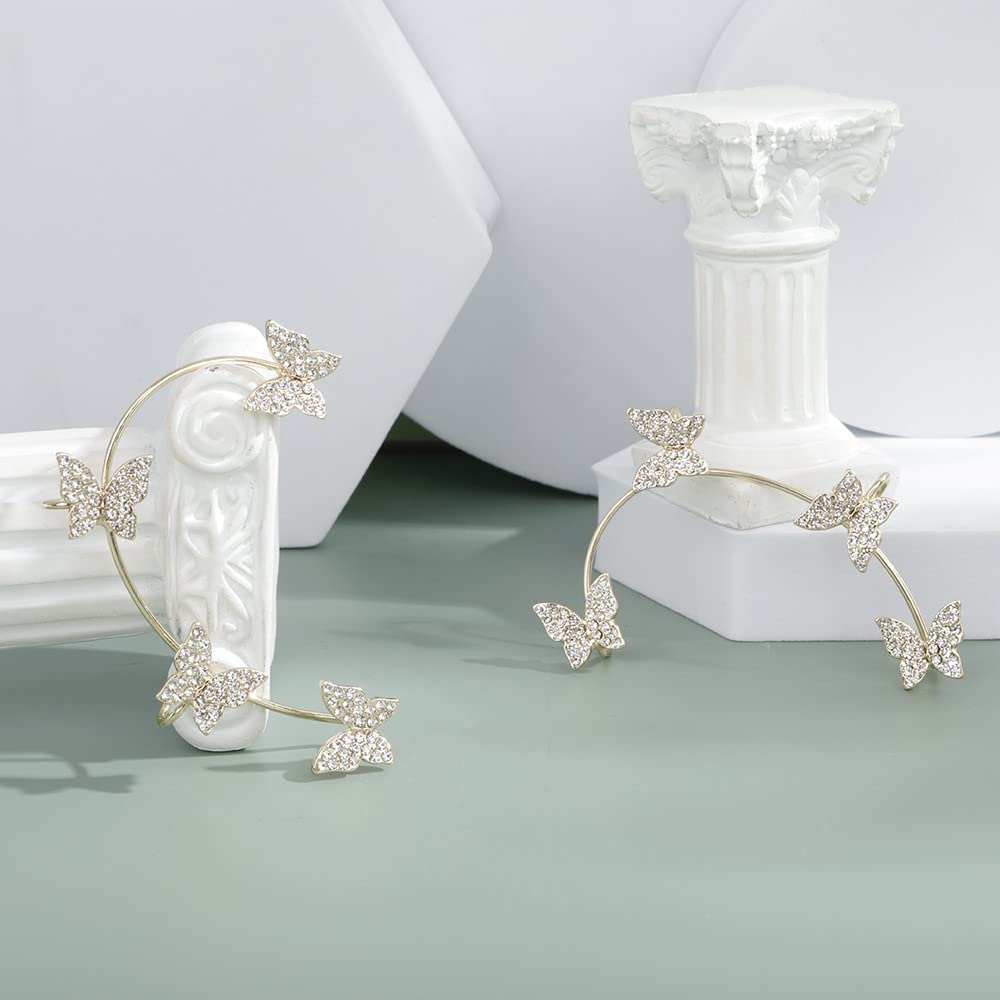 Jumwrit Rhinestone Butterfly Ear Cuffs Non Piercing Ear Clips Ear Cuffs Climber Crawler Earrings Ear Wrap Around Earrings for Women and Girls(Gold)