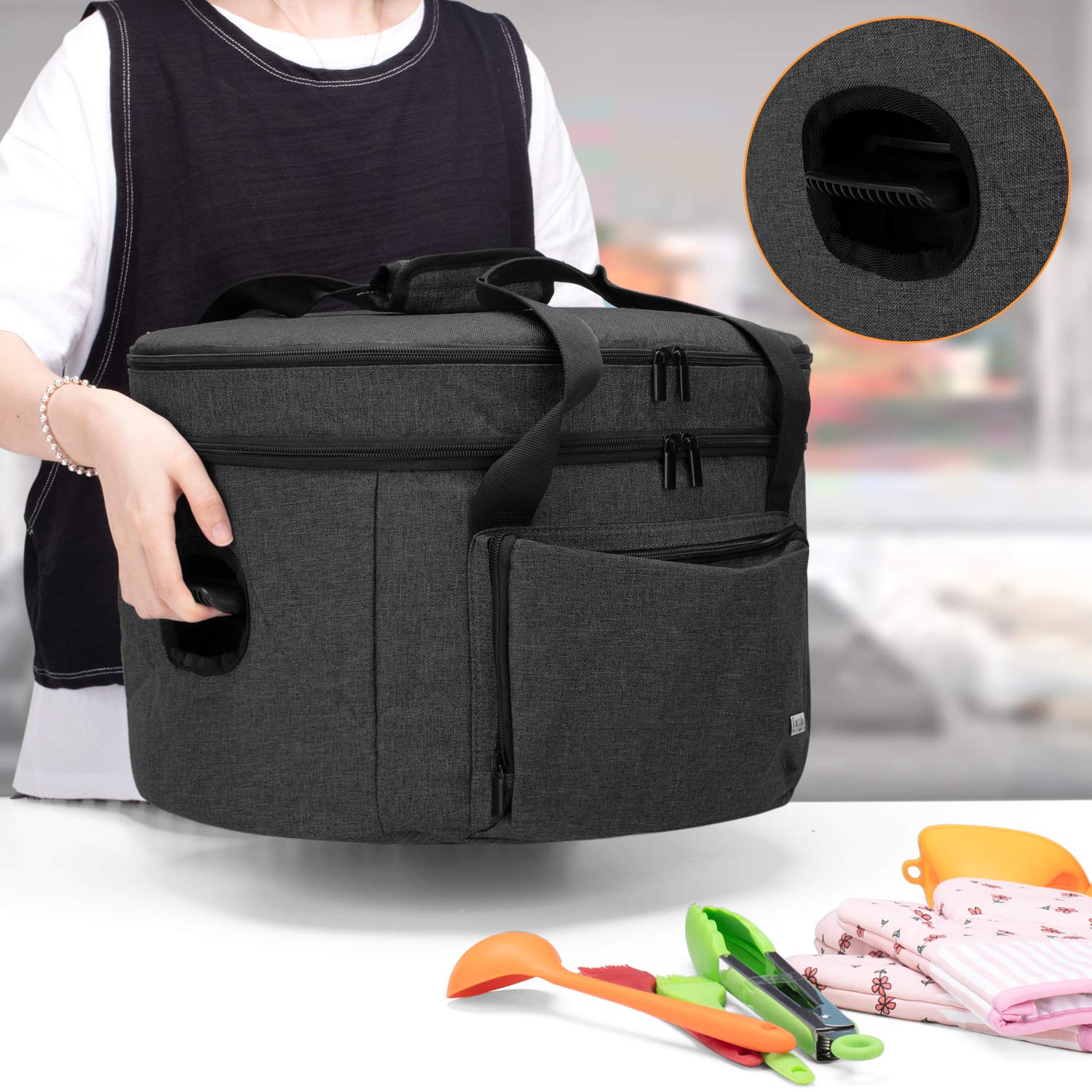 LUXJA Double Layers Slow Cooker Bag (with a Bottom Pad), Insulated Slow Cooker Carrier Fits for Most 6-8 Quart Oval Slow Cooker, Black (Bag Only)