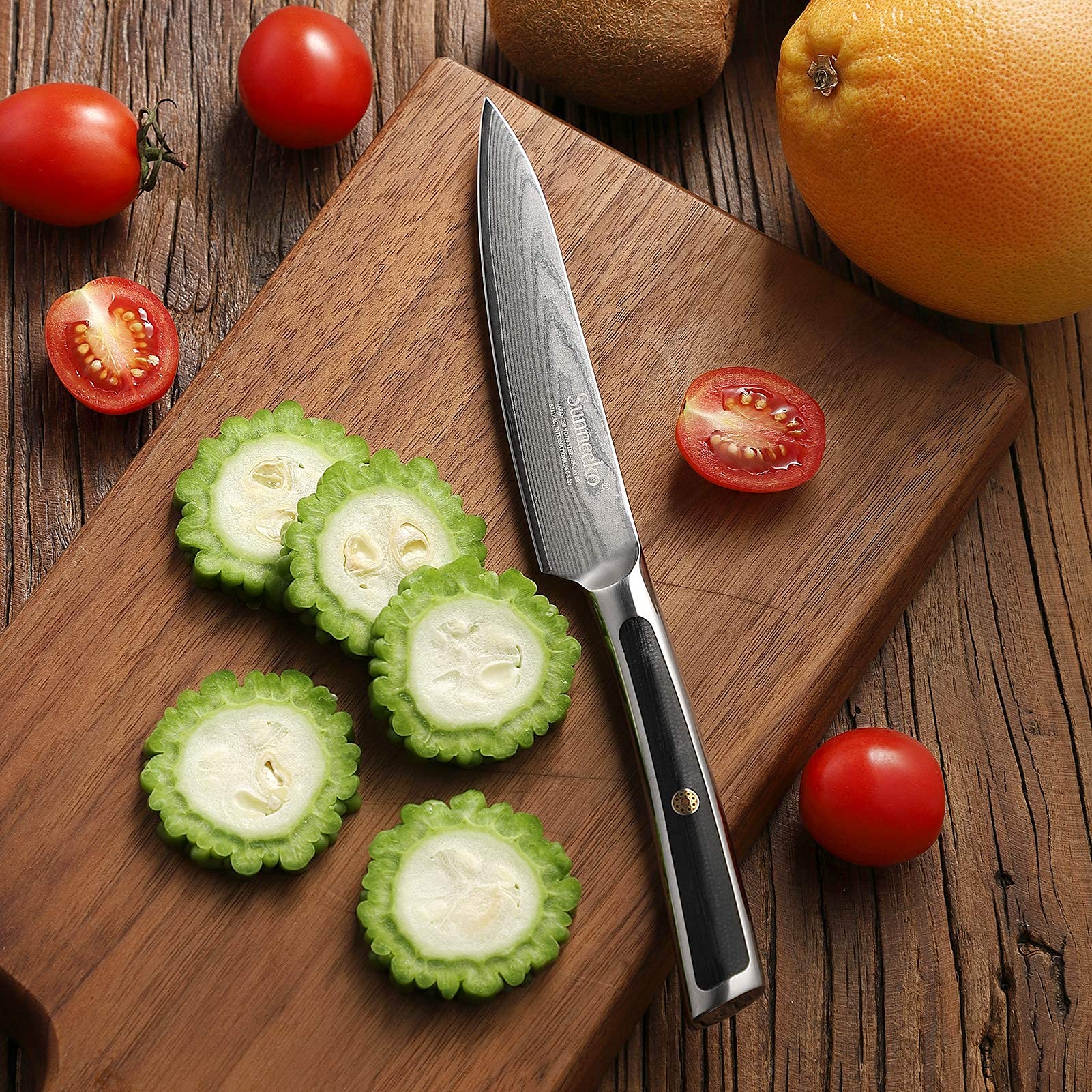 Sunnecko Utility Knife 5 Inch, Paring Knife Damascus Steel VG-10 Blade Fruit Knife, Small Kitchen Knife with G10 Inlaid Handle Peeling Knife Perfect for Cutting Fruit Vegetables Petty Knife Gift Box
