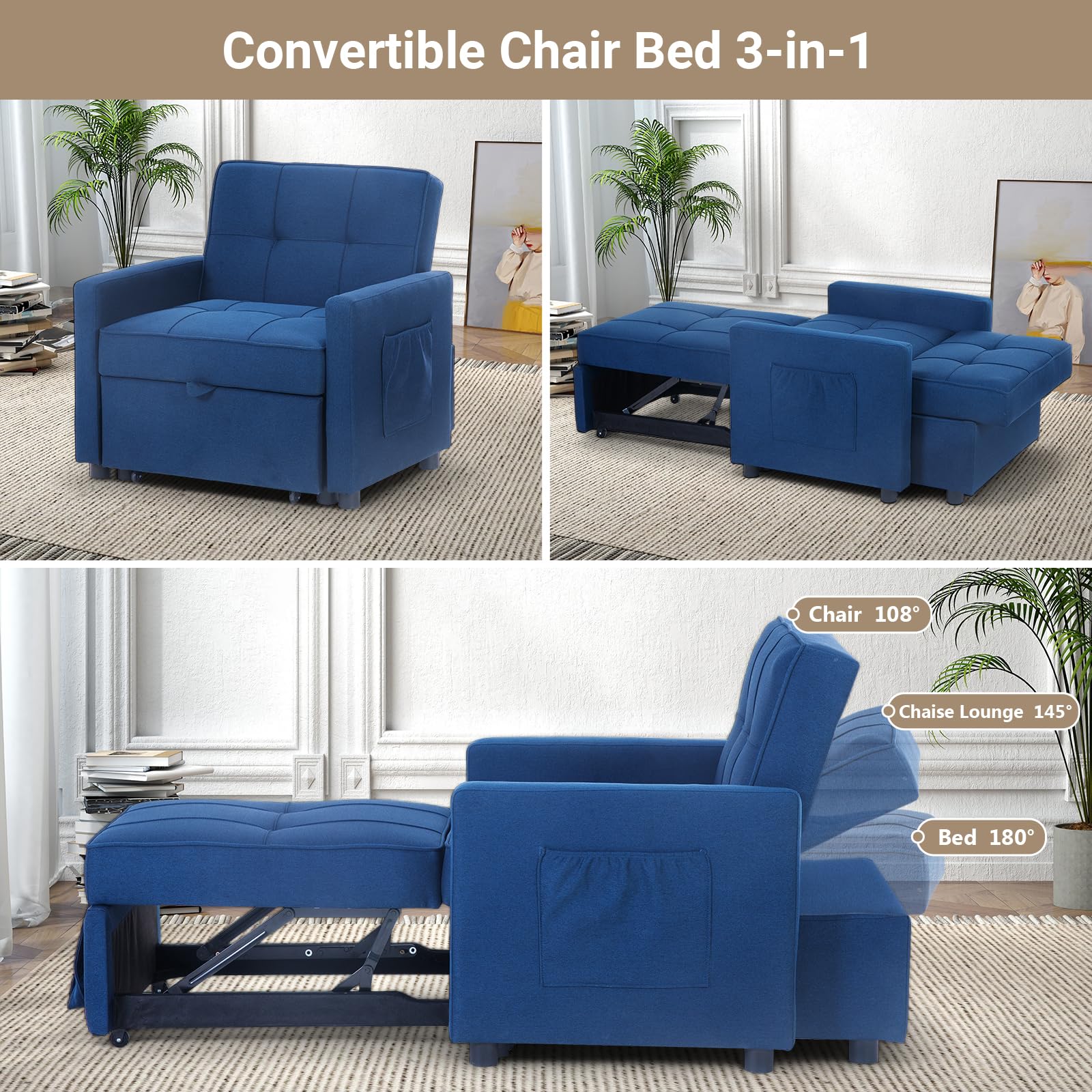Skepphlay 3 in 1 Sofa Bed, Pull Out Couch with 3-Level Adjust Backrest, Convertible Loveseat with 2 Side Pockets, Sleeper Chairs for Adults, Modern Recliner for Living Room, Small Space, Blue