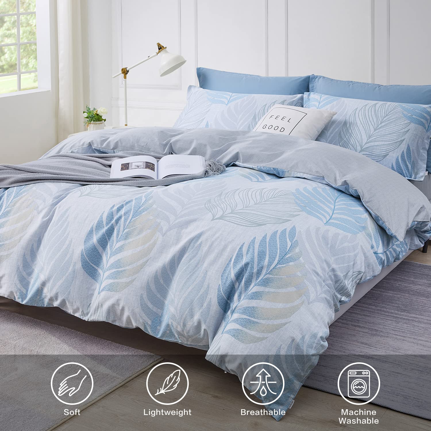 SAPHREAS Twin Size Duvet Cover 2pcs Blue Monstera Leaf Printed Duvet Cover Set Tropical Botanical Palm Leaves Bedding Comforter Cover Set with Zipper Closure 1 Quilt Cover 1 Pillow Sham