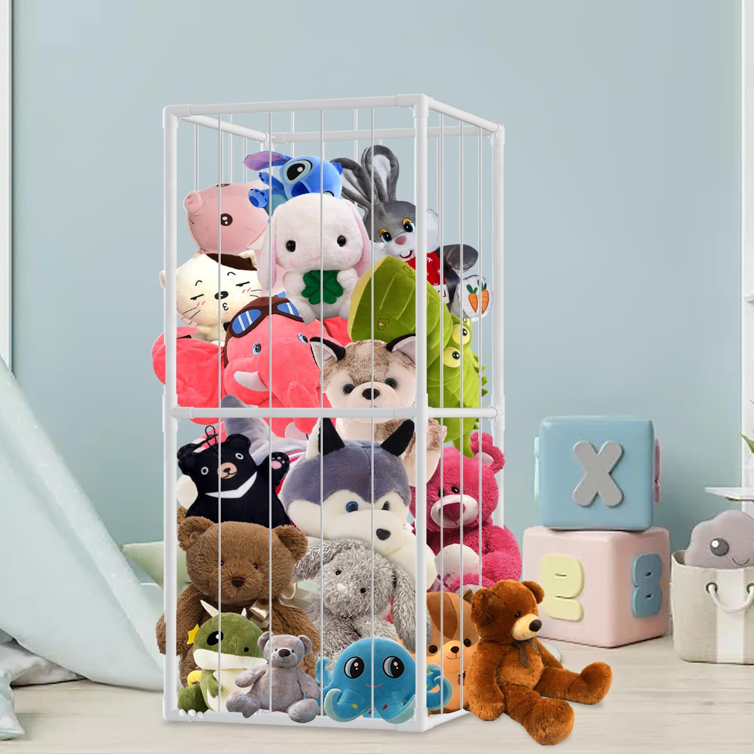 Tobbo Large Stuffed Animal Storage Zoo,Kids Toy Storage Organizer with 8 Hangers, Organizer Shelves and Nets in White