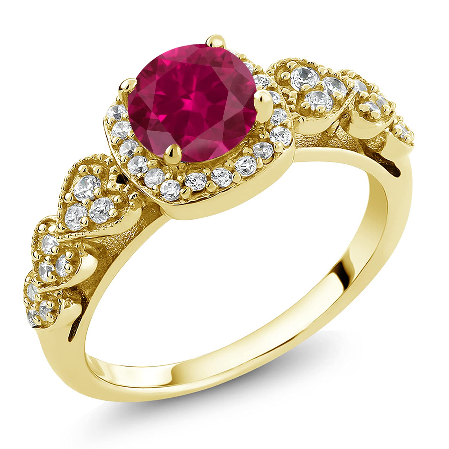 Gem Stone King 18K Yellow Gold Plated Silver Red Created Ruby Women's Engagement Ring (1.32 Ct Round) (Size 6)