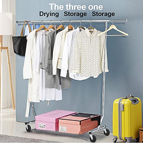 Yaheetech Commercial Clothing Garment Racks on Wheels, Grade Single Rod Adjustable Height Clothes Rack on Wheels for Hanging Clothes, Heavy Duty Upright Clothes Rack with Wheels, Silver