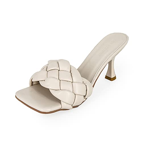 Womenâs Square Open Toe Stiletto Heels Braided Sandals Slip On High Heel Quilted Leather Sandals Fashion Sexy Casual Slides shoes(Beige,39)