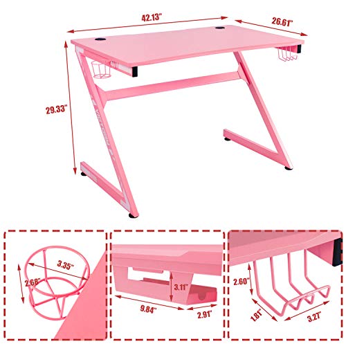 YIGOBUY Pink Gaming Computer Desk 43 Inch Barbie Gaming Table Z Shape Black Racing Table Student Desk with& Headphone Hook for Kids Adults Home Office Bedroom Computer Workstation