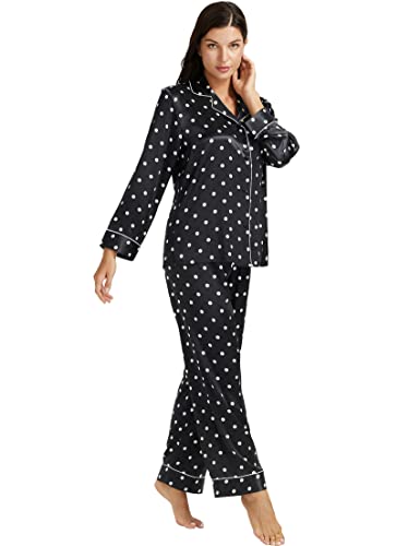 Womens Silk Satin Pajamas Set Sleepwear Loungewear Black XL