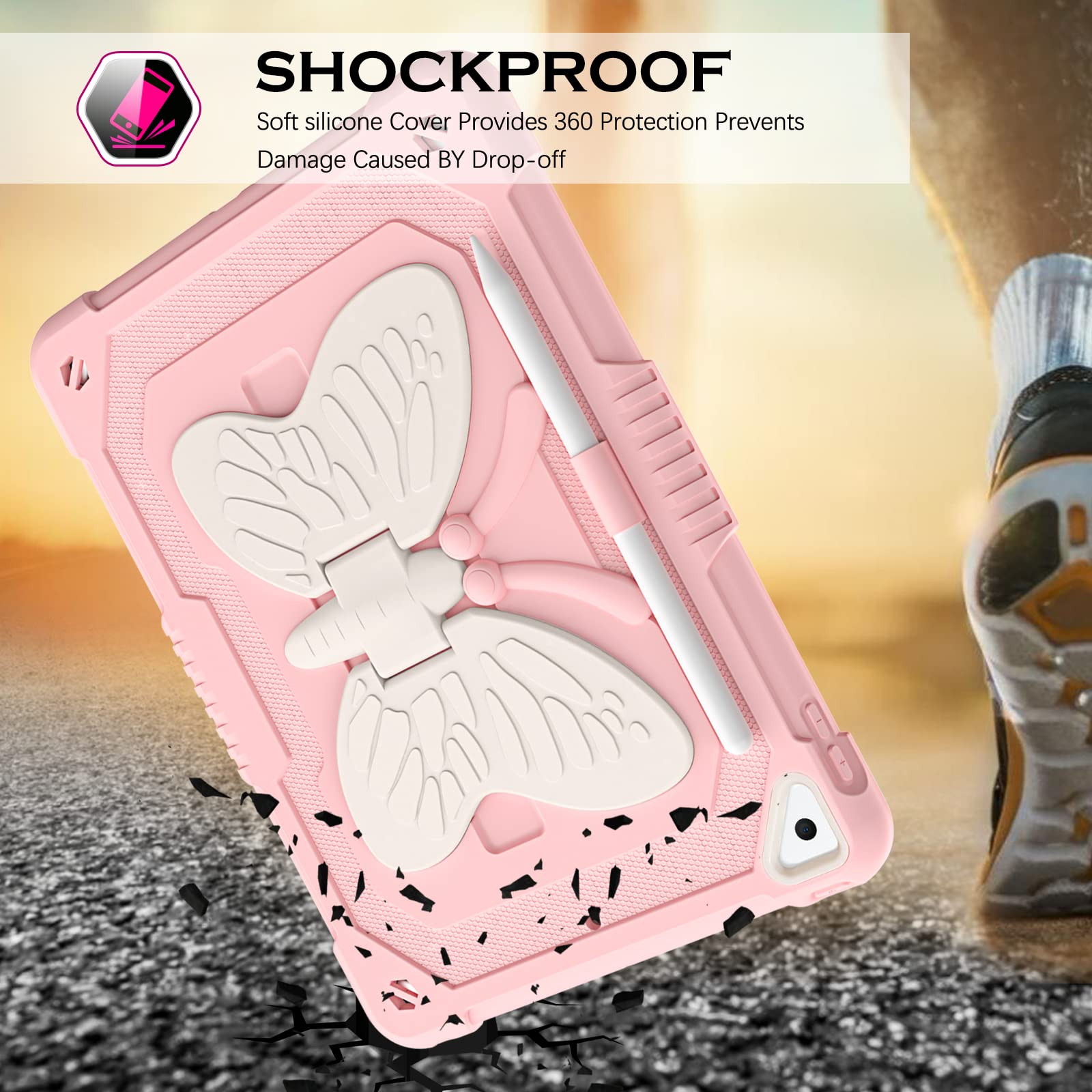 YINLAI for iPad 10.2 Inch Case,iPad 9th 8th 7th Generation Case,iPad air 3rd Case with Pencil Holder Kids Girls Butterfly Kickstand Shockproof Protective Cover for iPad 9th 8th 7th Gen 2021/2020,Pink