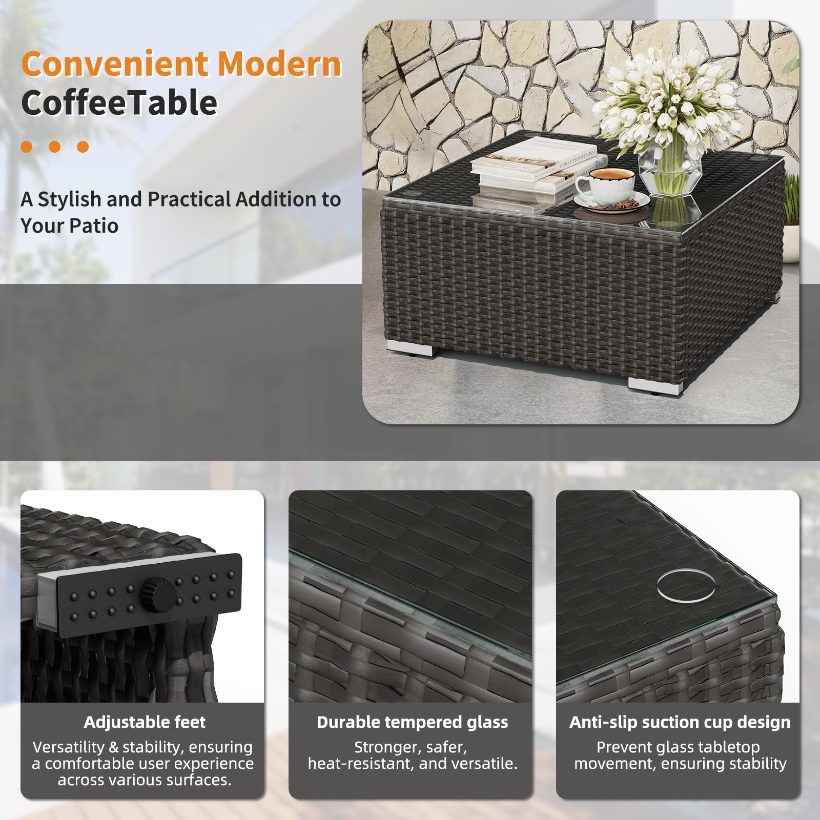 Oakcloud 8-Piece Outdoor Patio Furniture Sofa Set with 45β Propane Gas Fire Pit Table, Black Rattan Wicker Sectional Conversation Sets with Glass Top Table and Cushions(Grey, w/Fire Pit Table)