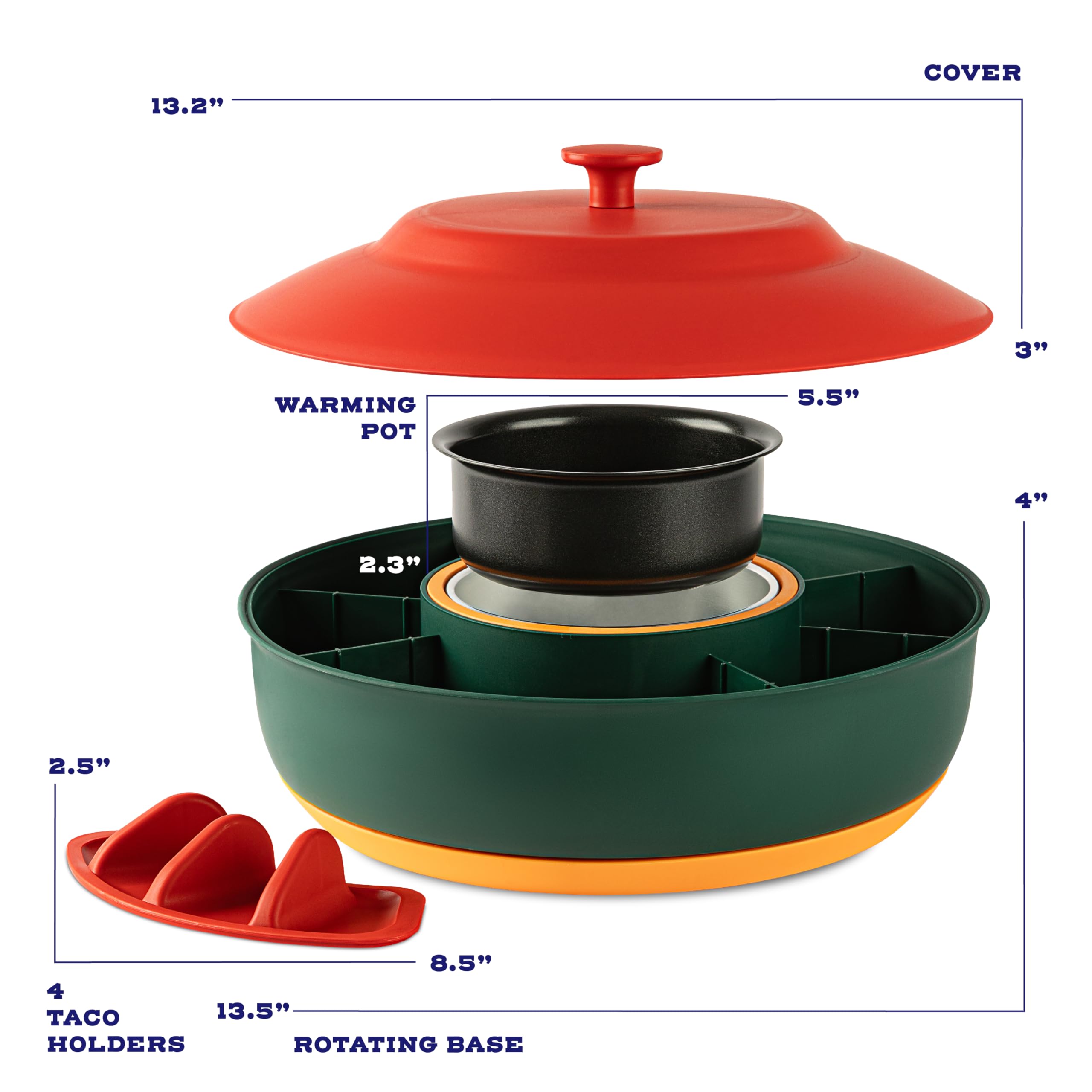 Taco Tuesday Kit - Taco Bar Serving Set for a Party - 30oz Heated Pot, 4 Taco Holders, & Detachable Lazy Susan Tray - Taco Night Fiesta β Unique Couple & Housewarming Gift Set Ideas