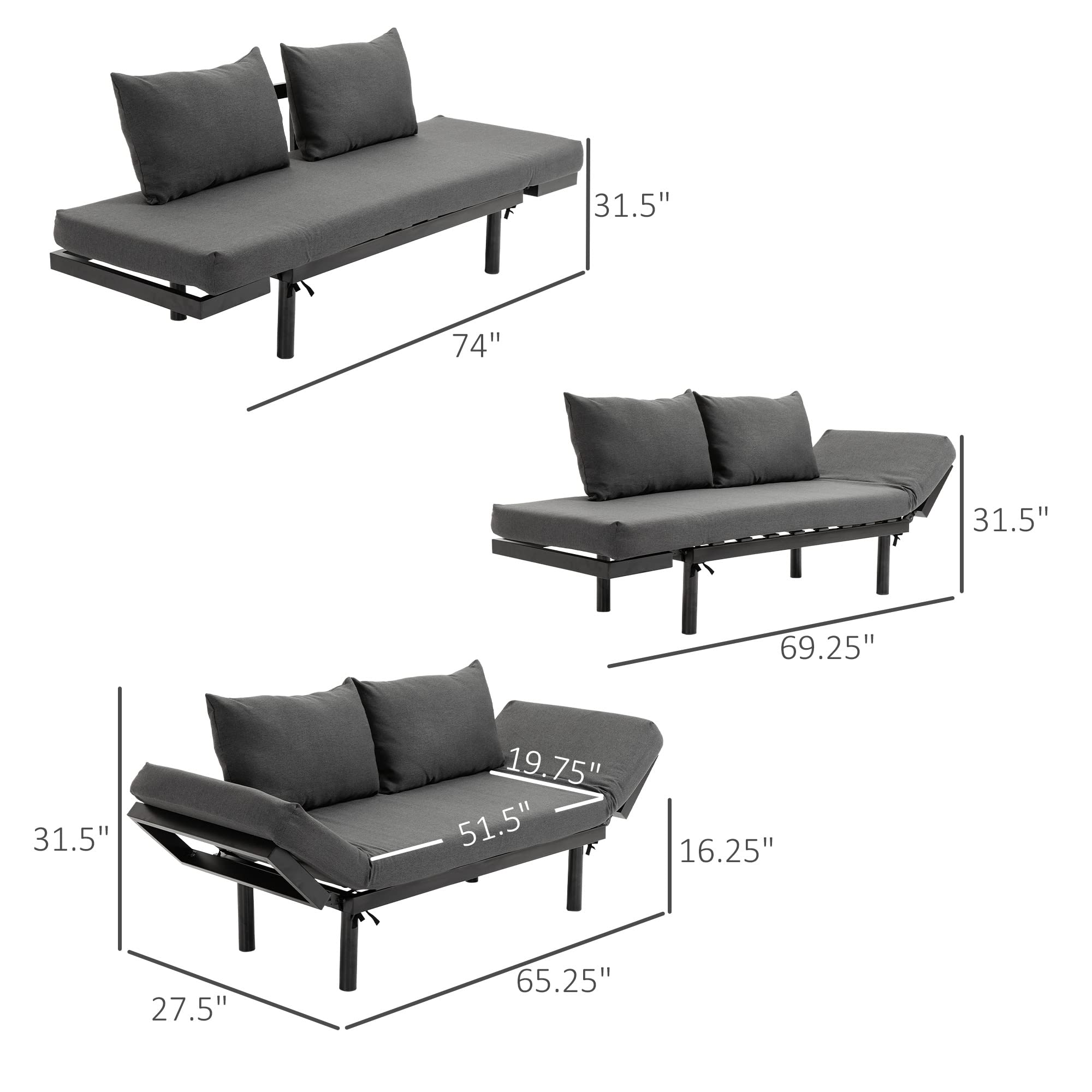 HOMCOM Single Person Chaise Lounger, Modern Sofa Bed with 5 Adjustable Positions, 2 Large Pillows, and Birch Legs, Charcoal Grey