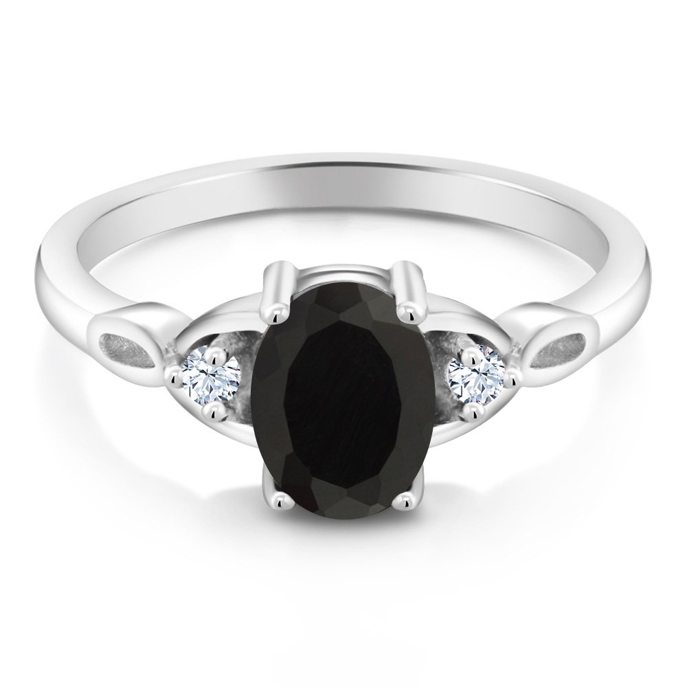 Gem Stone King 925 Sterling Silver Black Onyx 3 Stone Ring For Women | 1.31 Cttw | Gemstone December Birthstone | Oval 8X6MM | Available In Size 5, 6, 7, 8, 9