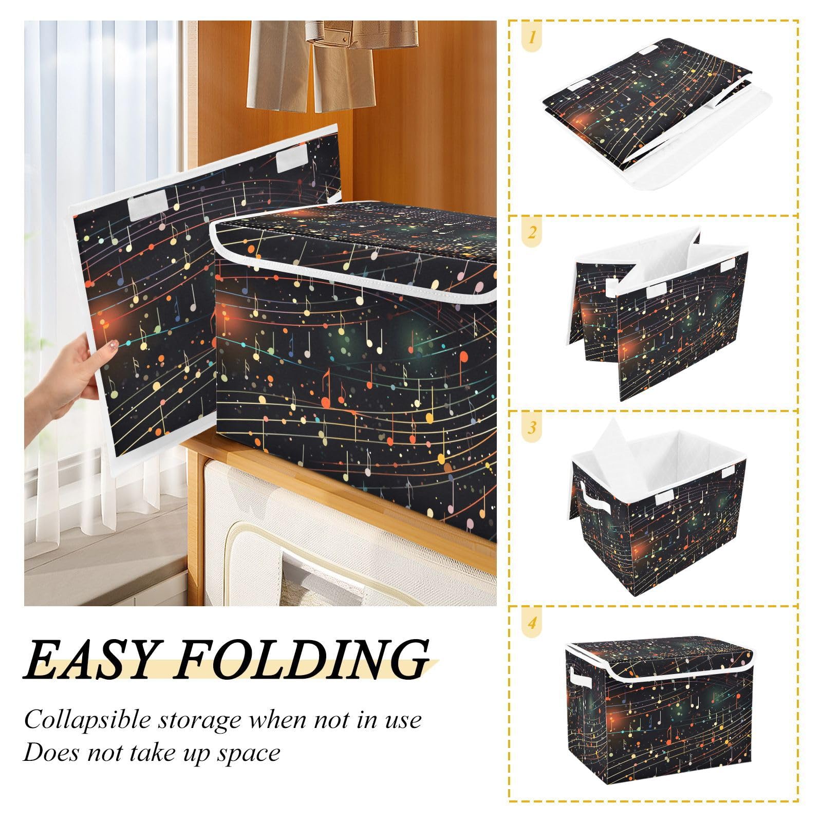 TecEr Musical-notes-black Large Fabric Foldable Storage Bins with Lids and Handle, Decorative Storage Box Cube for Shelves Closet Home Bedroom Office