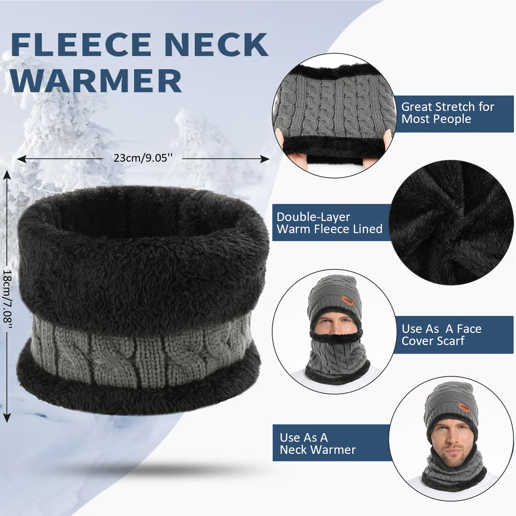FZ FANTASTIC ZONE Mens Womens Winter Beanie Hat Scarf Set Warm Knit Thick Fleece Lined Skull Cap Neck Warmer for Men Women Dark Grey