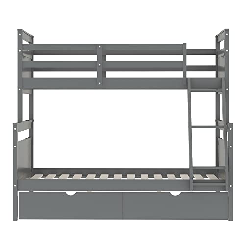Twin Over Full Bunk Bed with Storage Drawers, Solid Wood Bunk Bed Frame for Kids, Teens, Adults (Gray)