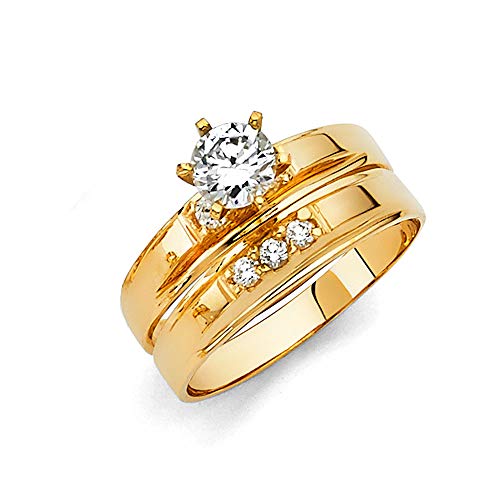 Jewels By Lux 14K Yellow Gold Round Cubic Zirconia CZ Ladies Wedding Band And Engagement Bridal Ring Two Piece Set Size 7.5