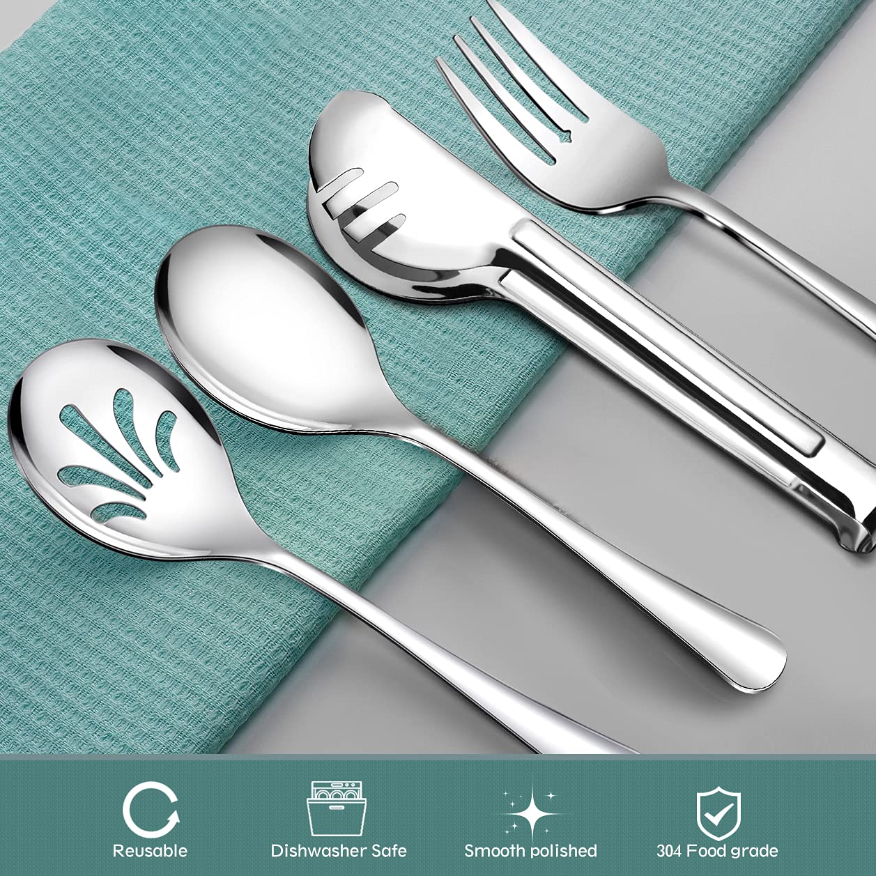 Teivio Stainless Steel Serving Utensils Set, Include Large Set of 19 Pieces - Serving Spoons, Slotted Spoons, Serving Forks, Serving Tongs and Soup Ladles, for Catering/Buffet/Chafing Dish (Silver)