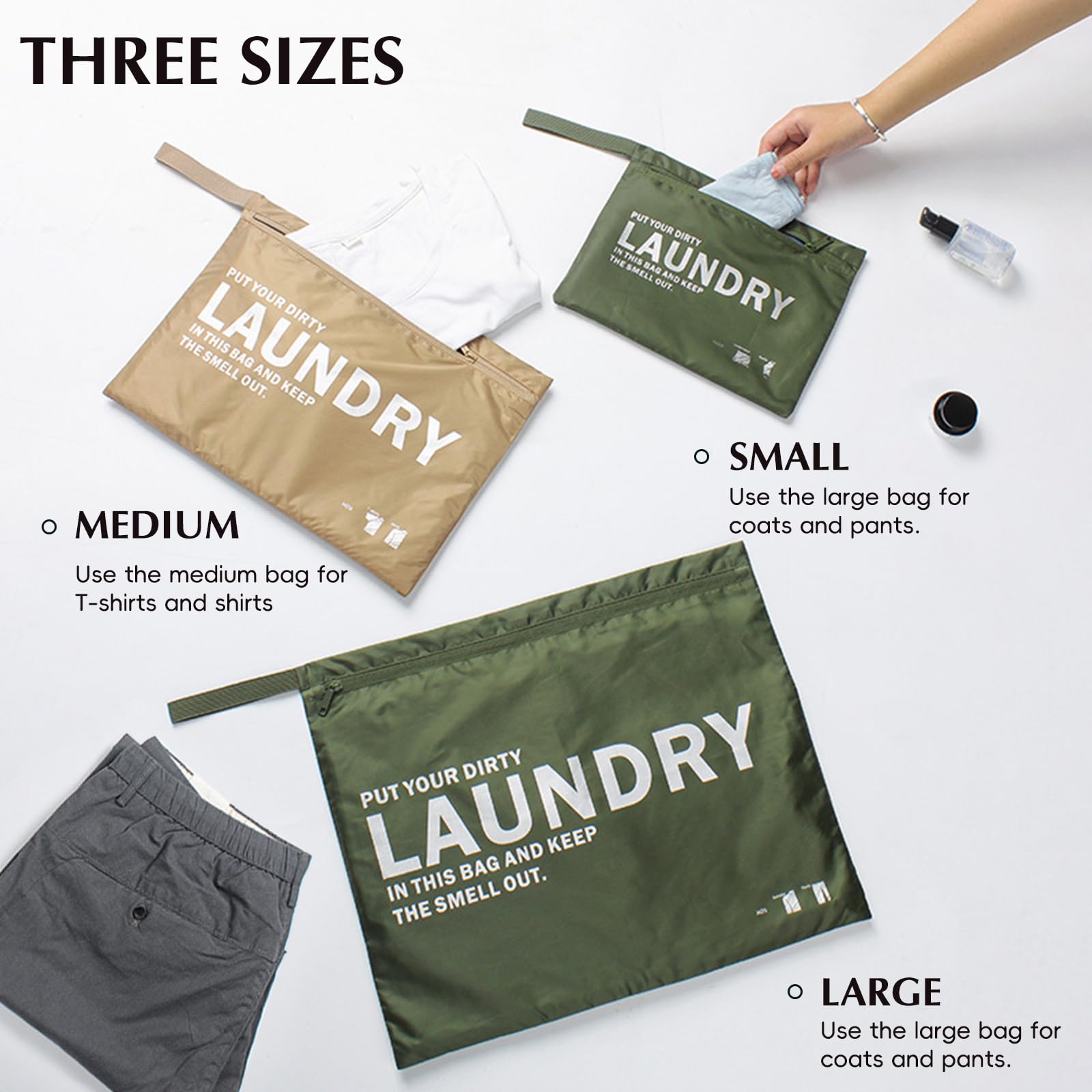 TECHPLUS 3 Pack Laundry Bags –Travel Laundry Bag for Dirty Wet Clothes – Waterproof, Smell proof, Washable, Reusable – for Sports Gym Swimming Camping (Army green)