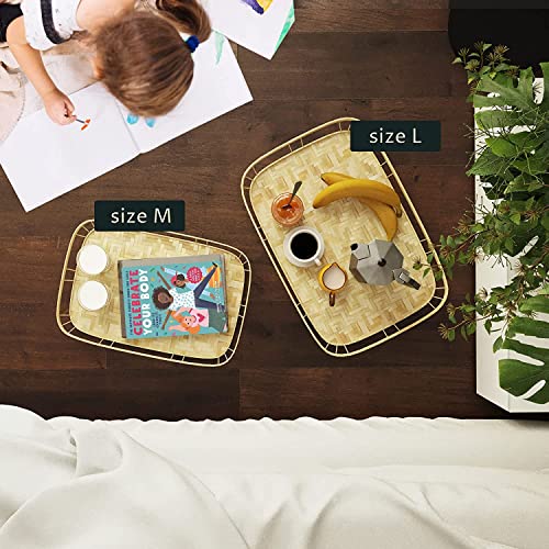 Rectangular Bamboo Wicker Serving Trays with Handles, Handwoven Coffee Trays for Coffee, Breakfast, Bread, Food, Dish and Decorative Trays for Dining Table
