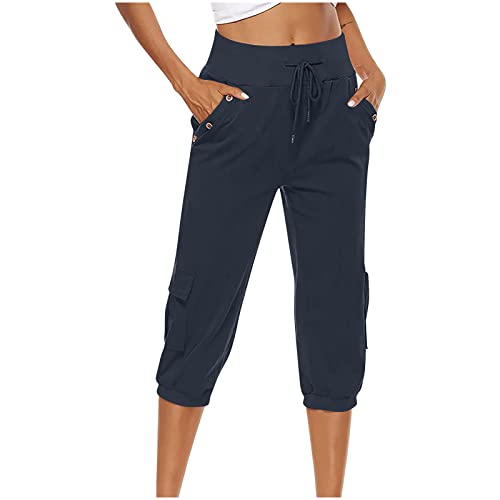 SMIDOW Linen Pants Women Capri Pants for Women Dressy Casual Drawstring Elastic High Waist Cotton Linen Trousers Active Running Sweatpants