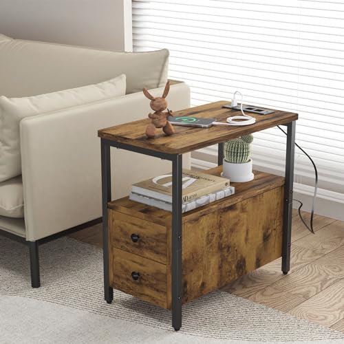 Fixwal Side Table with Charging Station, Narrow End Table with 2 Wooden Drawers, Nightstand Sofa Table for Small Spaces, Living Room, Bedroom, Rustic Brown
