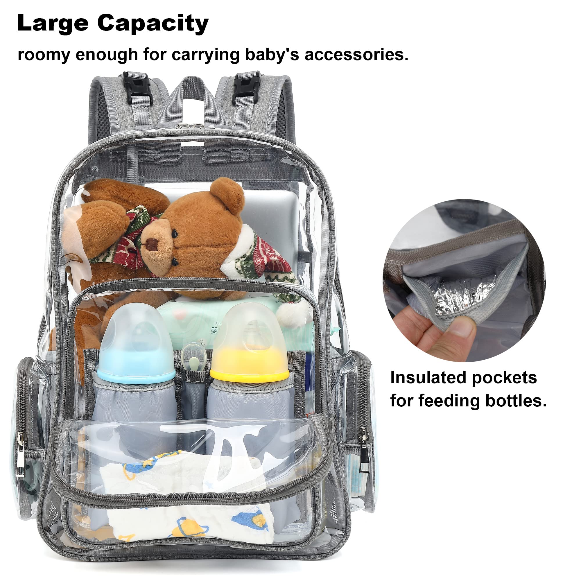 Yusudan Clear Diaper Bag Backpack for Baby Girls Boys, Mom Nappy Bags for Women (Grey)