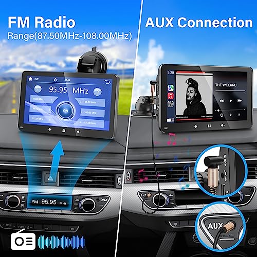 Portable Apple Carplay,Wireless Carplay and Android Auto,7'' Touch Screen Car Stereo,Car Radio with Backup Camera,Wireless AirPlay,Mirror Link,Bluetooth 5.0 Handsfree/FM/AUX/MIC/USB/TF