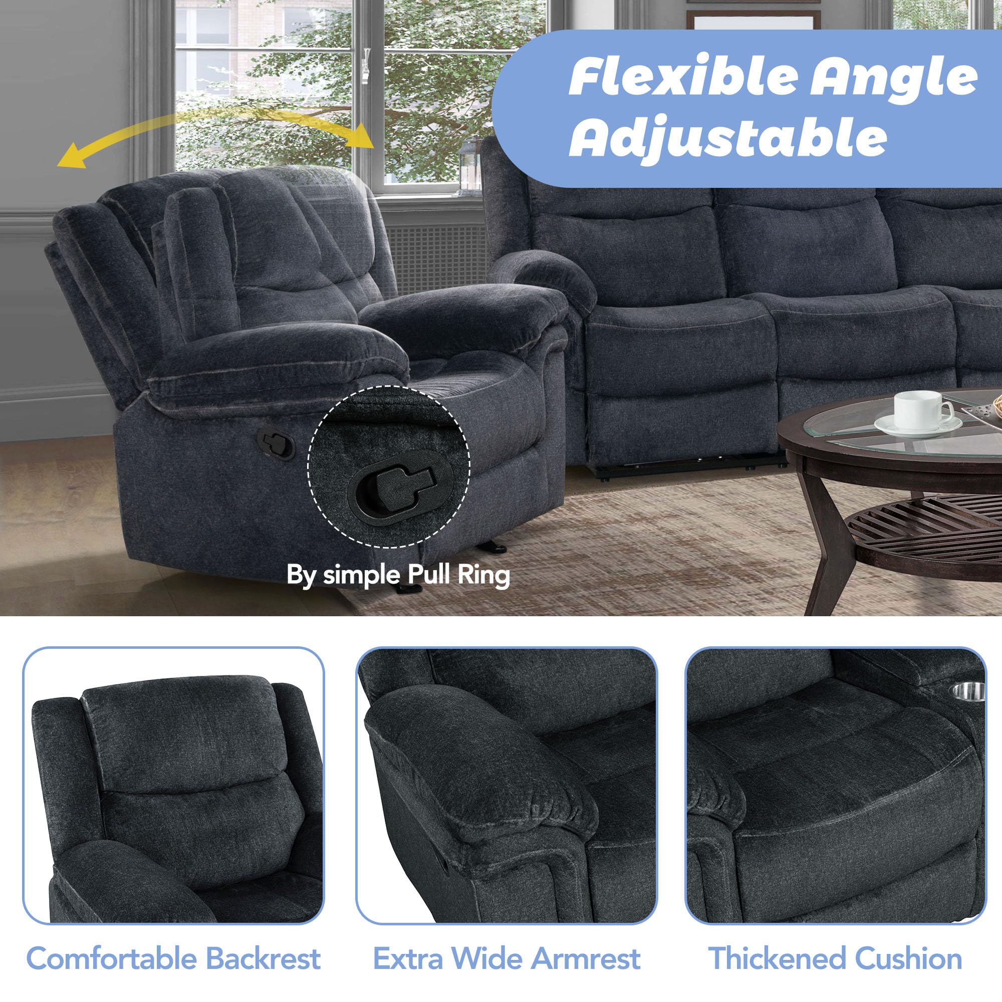 GODAFA Home Theater Seating Manual Reclining Sofa for Living Room,Bedroom,Dark Blue