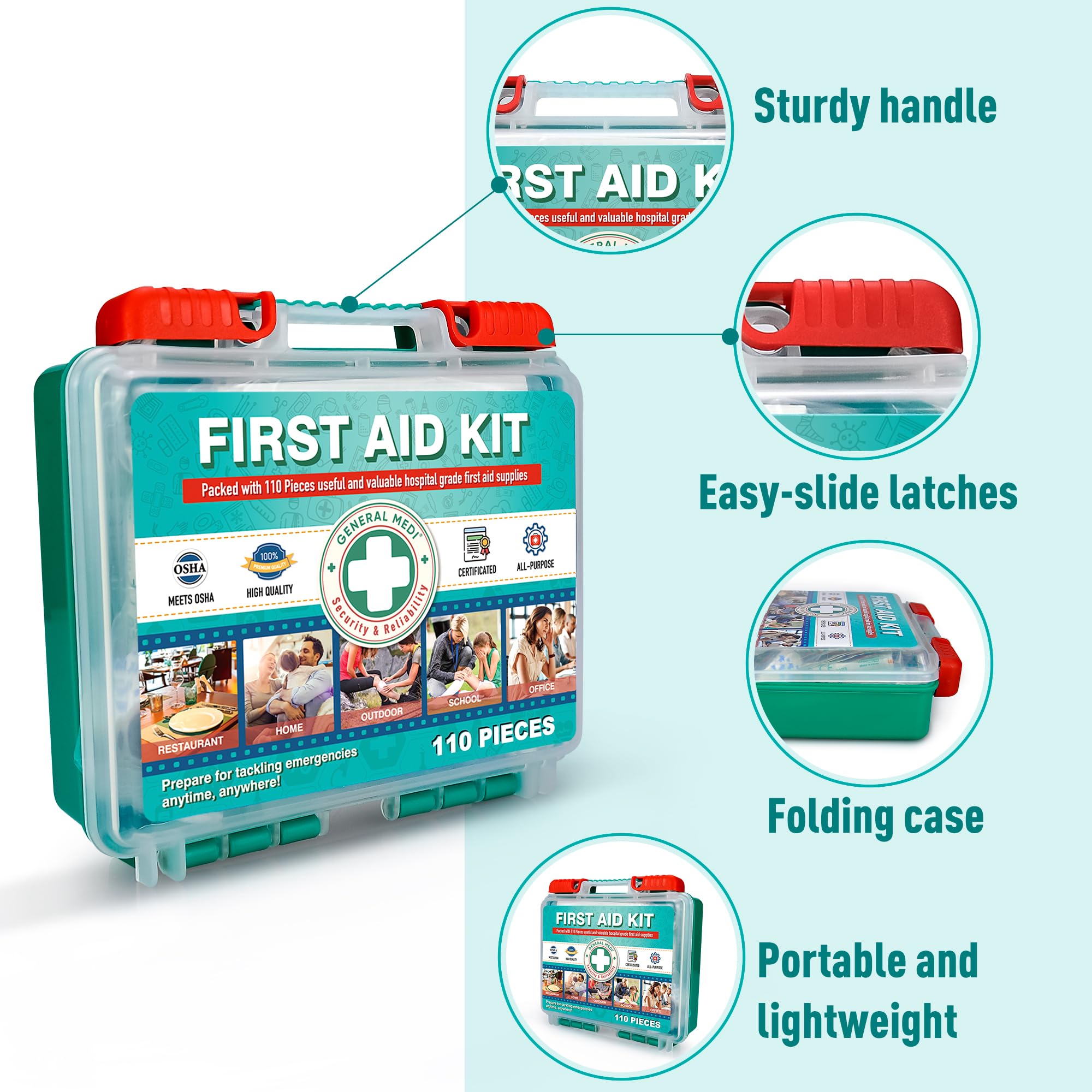 General Medi 110 Pieces Small First Aid Kit - HardCase First Aid Box - Contains Premium Medical Supplies for Travel, Home, Office, Vehicle, Camping, Workplace & Outdoor