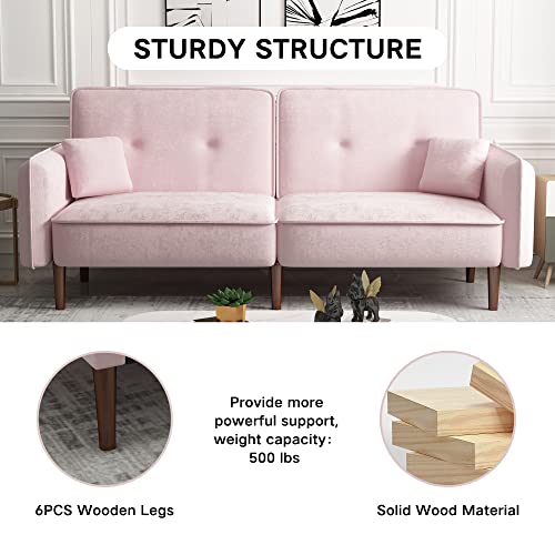 Sofa Bed, HABITTRIO 75" Modern Pink Fabric Upholstered 3-Seater Sleeper Couch with Adjustable Splict-Back Design, 2 Side Pockets, 2 Toss Pillows, Fit for Small Living Room, Apartment