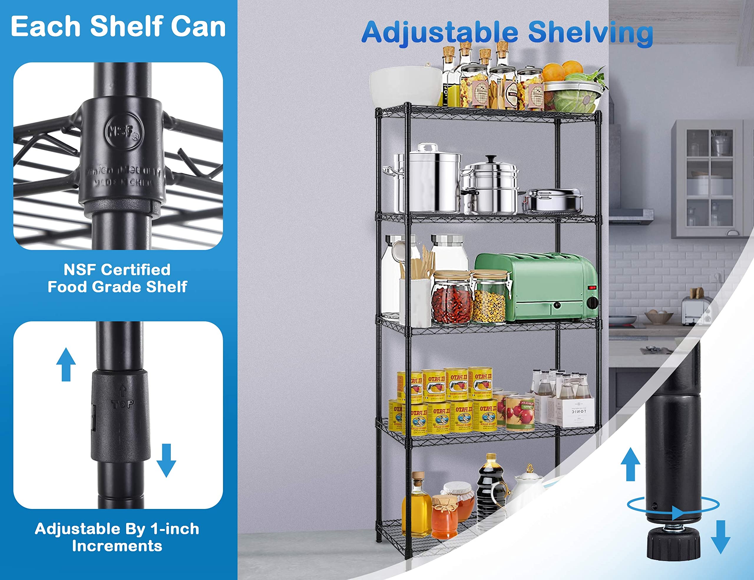 Haiput Wam Storage Shelves, 5 Tier Adjustable Metal Shelving with 1250 Lbs Capacity for Kitchen Laundry Bathroom Pantry Organization, Shelving Unit Wire Shelf Metal Shelves for Storage -14x36x72