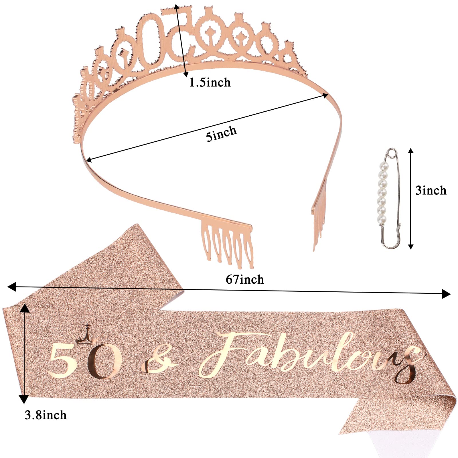 Semato 50th Birthday Decorations 50th Birthday Tiara Sash Kit- 50th Birthday Gifts for Women 50th Birthday Party Decorations (rose gold)