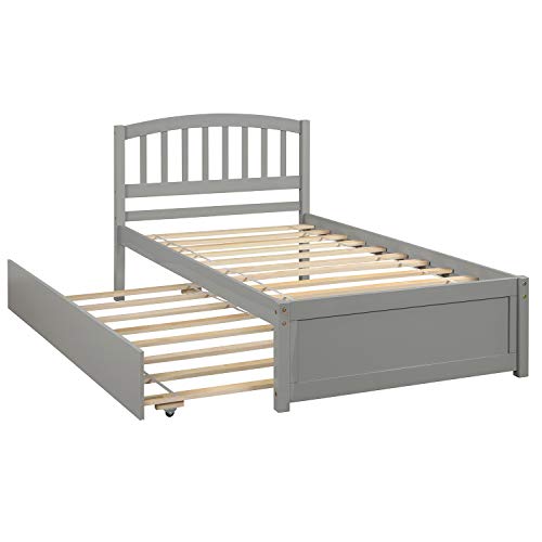 GINGVAT Twin Size Platform Bed with Trundle, Wooden Bedframe Frniture, Gray