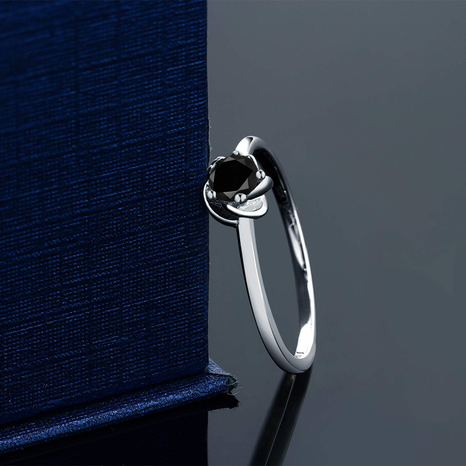Gem Stone King 10K White Gold Black Diamond Solitaire Engagement Ring For Women (0.17 Cttw, Round Cut 3.5MM, Available In Size 5,6,7,8,9)