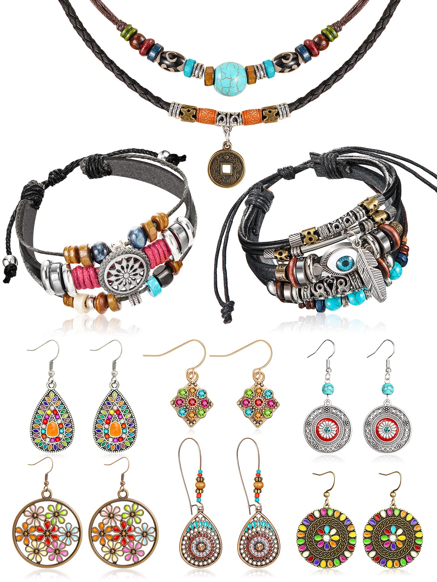 Hicarer 9 Pieces Bohemian Vintage Dangle Earrings Set Boho Retro Rhinestone Drop Earrings Multi-layer Beaded Leather Bracelet and Turquoise Bead Necklace Jewelry for Women